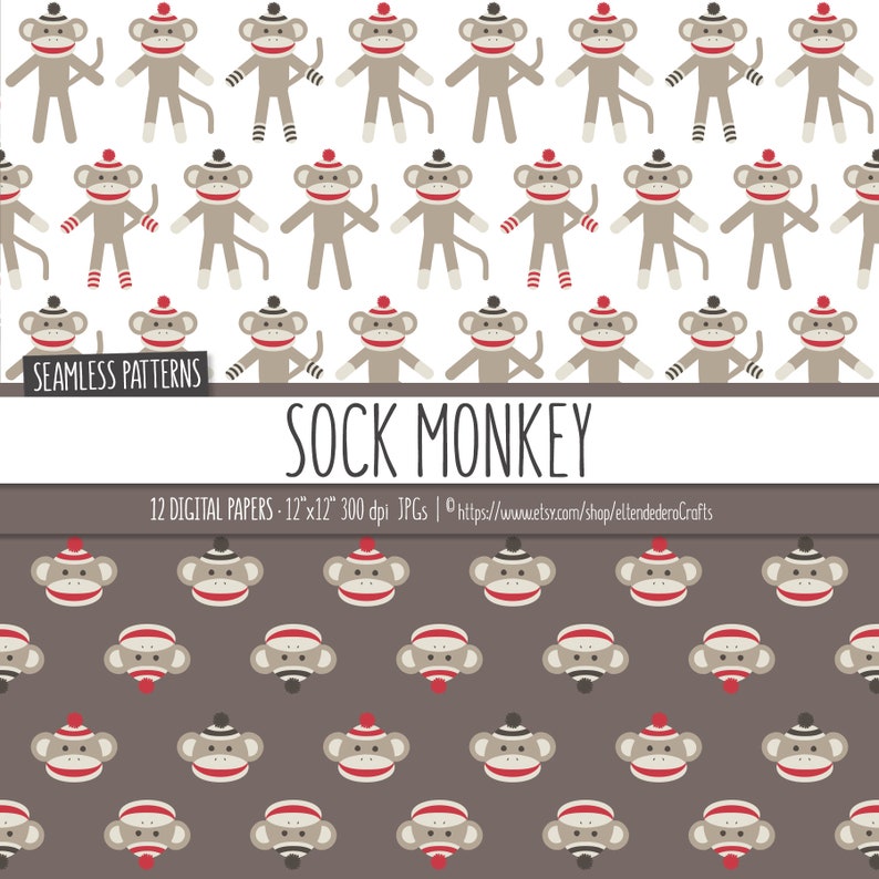 Sock Monkey Digital Paper Pack. Baby Cheeky Monkey Seamless - Etsy