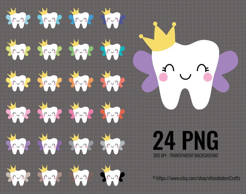 Tooth Fairy Clipart. Digital Girl Tooth With Crown Clip Art, Kawaii ...