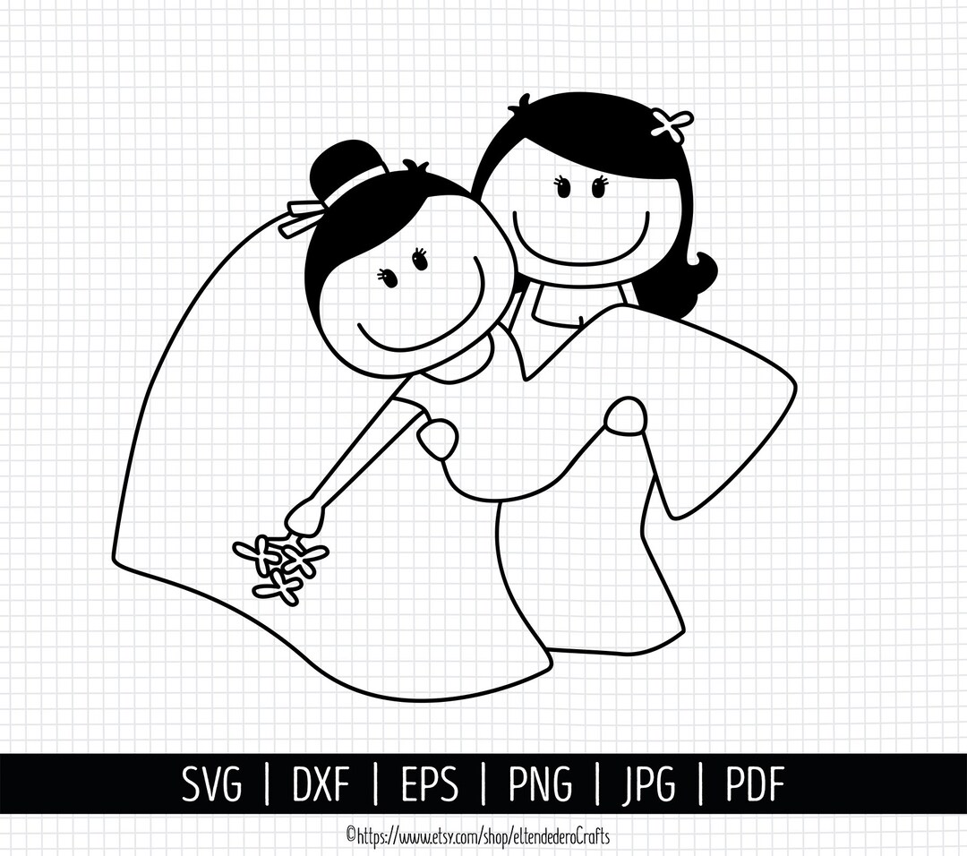 Lesbian Wedding Stick Figure SVG. Two Brides Cut File. Female Couple ...