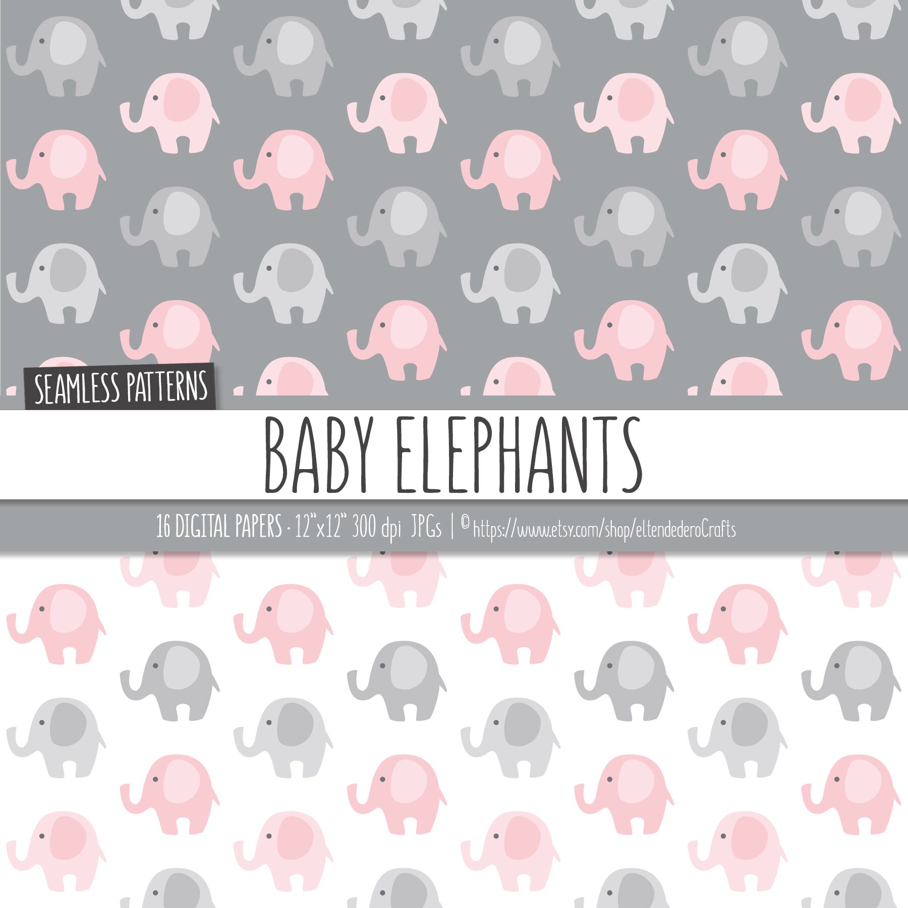 Baby Elephant Digital Paper Package. Pink and Grey Elephants | Etsy