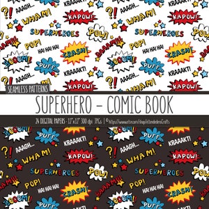 Superhero Digital Paper Pack. Action Words Comic Sounds Seamless ...