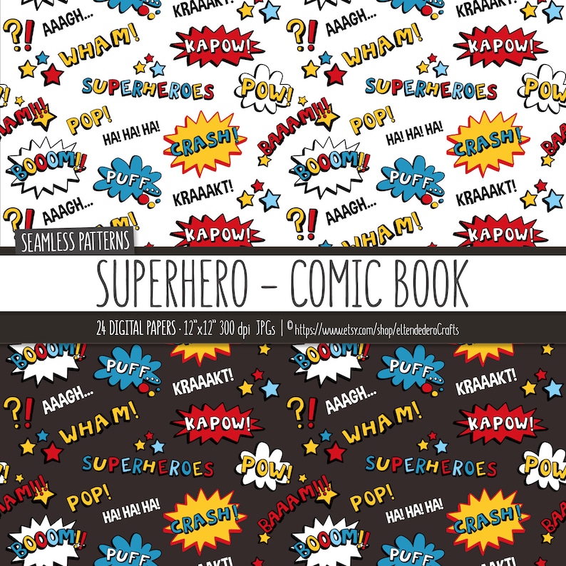 Superhero Digital Paper Pack. Action Words Comic Sounds Seamless ...