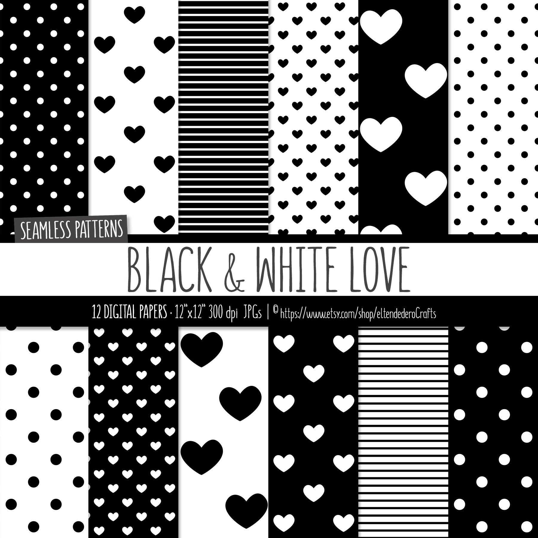 Heart Digital Paper Pack. Black White Hearts Seamless Patterns ...