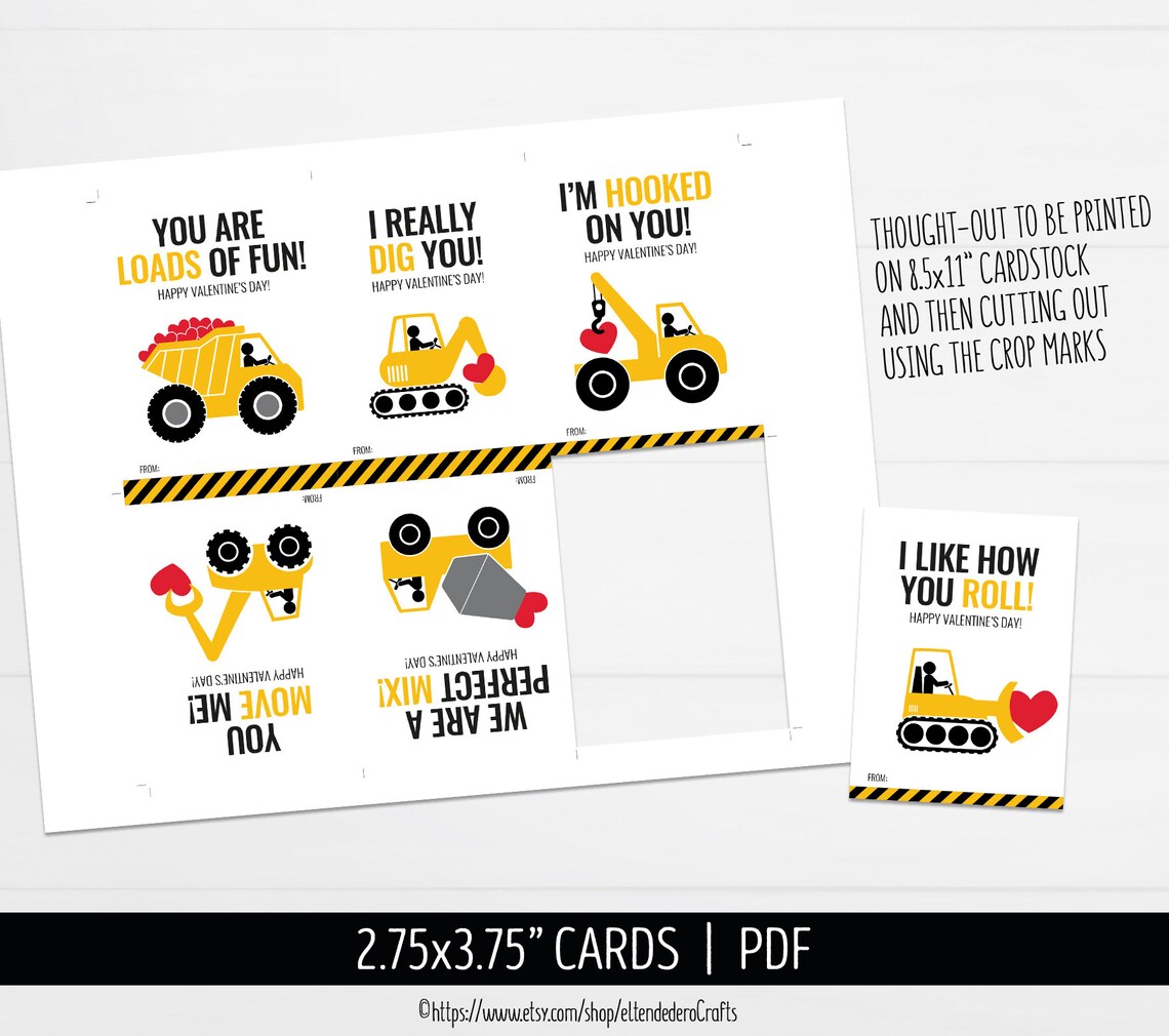 Construction Valentine Cards. Truck Kids Valentines Printable | Etsy