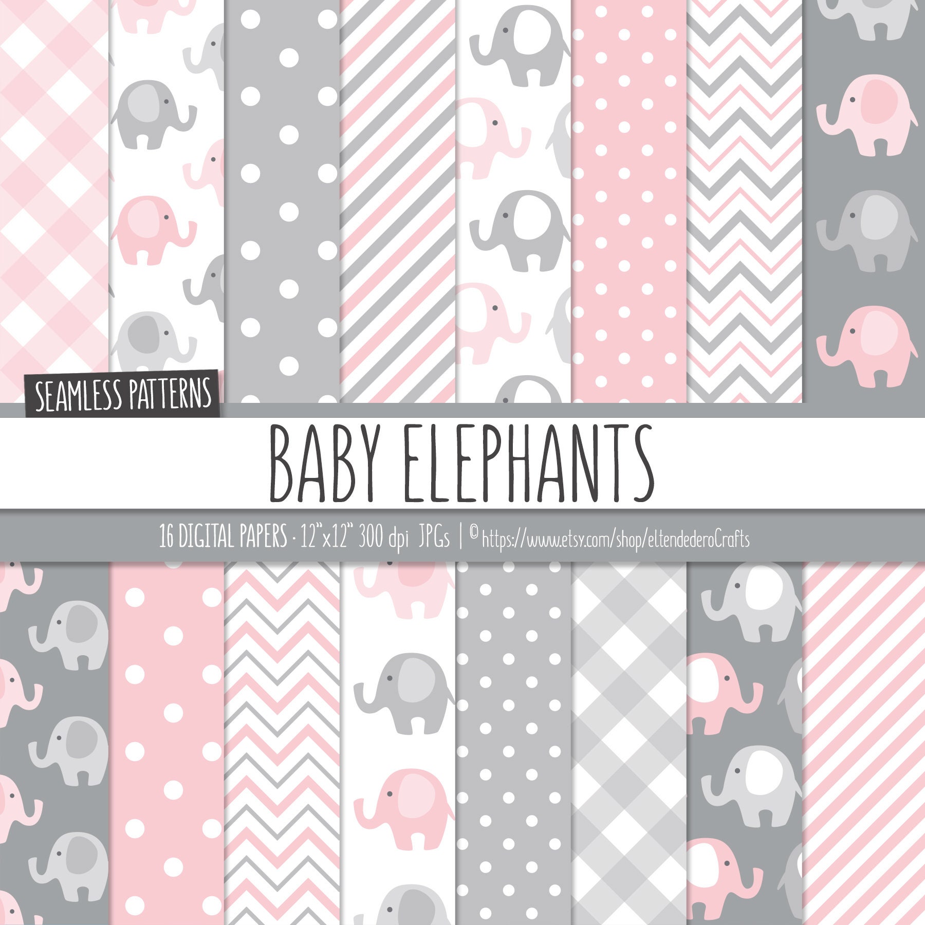 Baby Elephant Digital Paper Package. Pink and Grey Elephants | Etsy