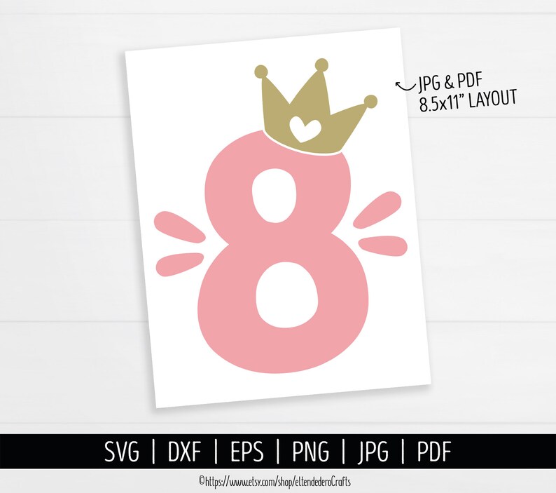 8th Birthday SVG Cut File. Eight With Crown Shirt Vector Files | Etsy