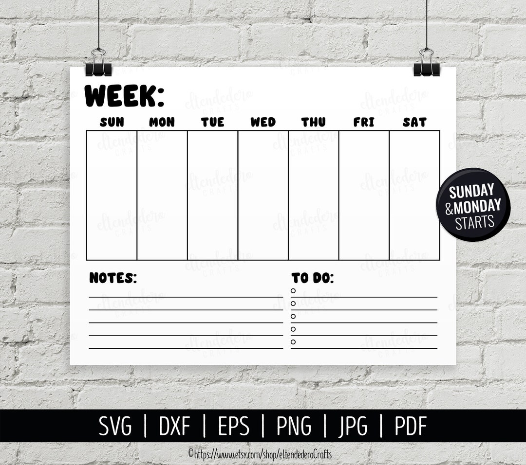 Blank Calendar SVG. Digital Weekly Calendar Vector Cut Files - Etsy