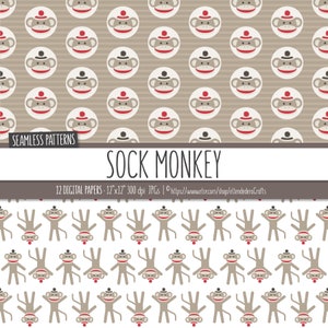 Sock Monkey Digital Paper Pack. Baby Cheeky Monkey Seamless Patterns ...