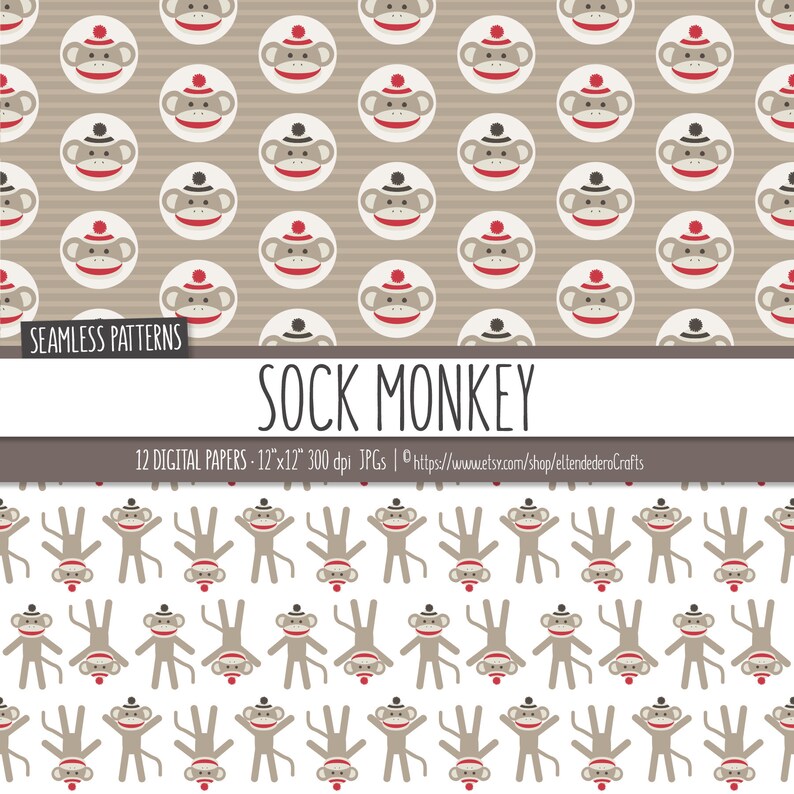 Sock Monkey Digital Paper Pack. Baby Cheeky Monkey Seamless - Etsy