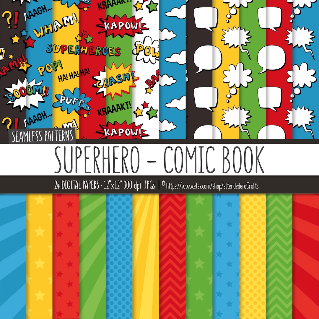 Superhero Digital Paper Pack. Action Words and Comic Sounds Patterns ...