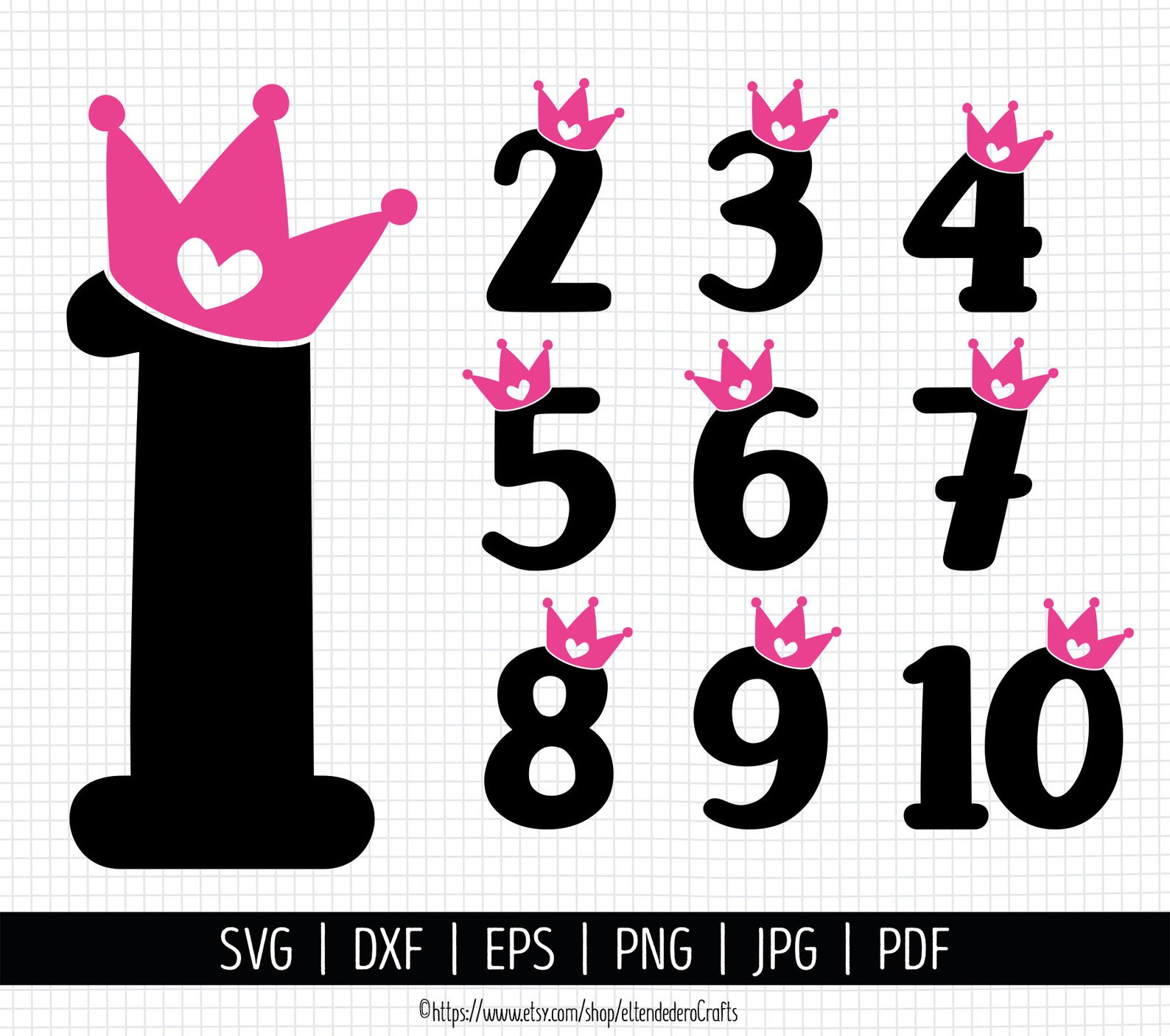 Numbers With Crown SVG Cut Files. 1-10 Pink Crown Numbers | Etsy