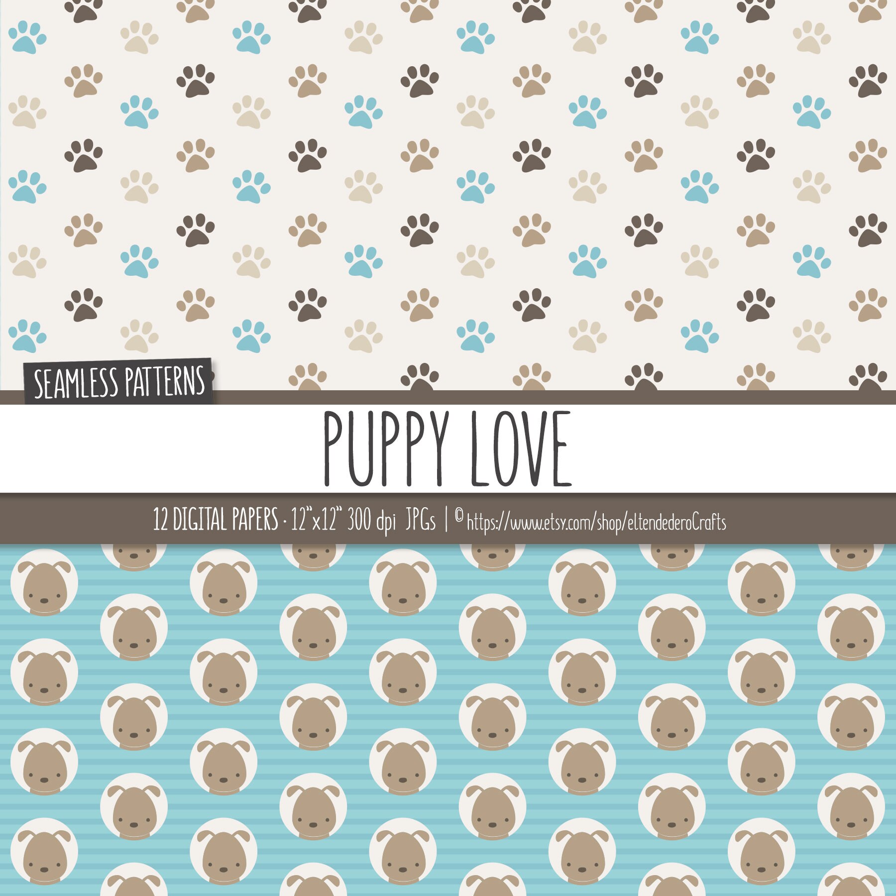 Puppy Digital Paper Pack. Baby Dog, Paws & Bones Seamless Patterns ...
