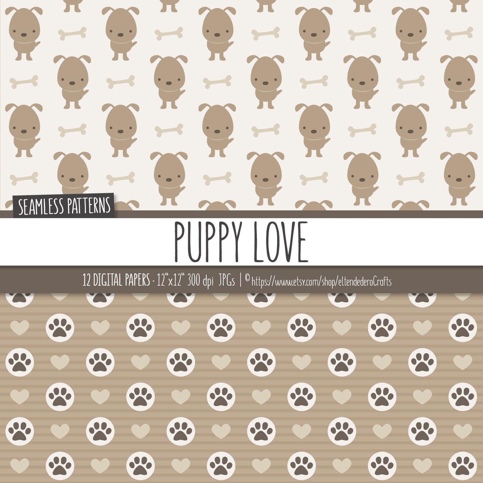 Puppy Digital Paper Pack. Baby Dog, Paws & Bones Seamless Patterns ...