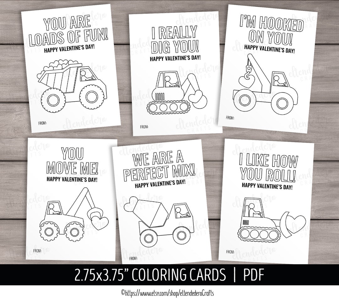 Construction Valentine Coloring Cards. Truck Kids Valentines Printable ...