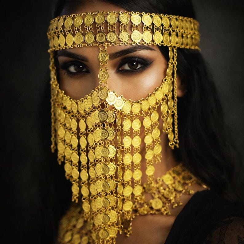Handcrafted Gold Coin Face Chain Veil Mask, Oriental Arabic Style Head ...