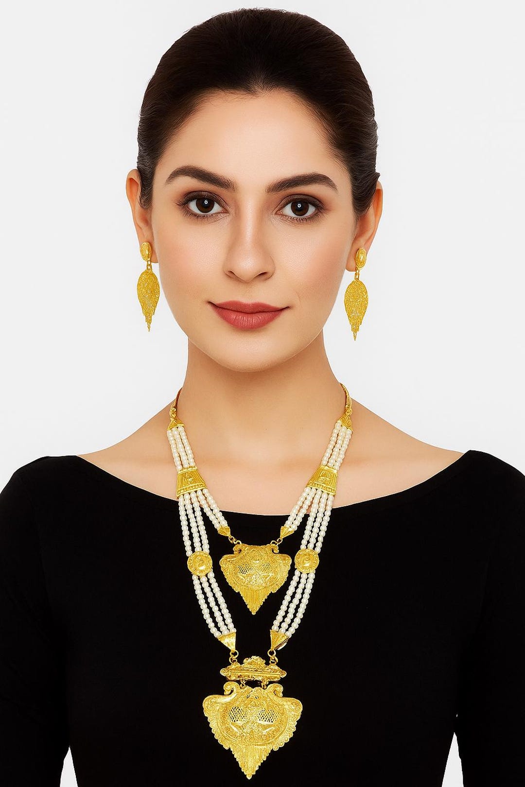 Indian Rani Haar Bridal Jewelry Set | Multi-layered Pearl & Gold Temple ...