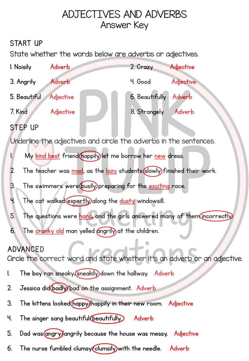 Verbs, Adjectives, Adverbs and Tense - Grammar Worksheets With Answers ...
