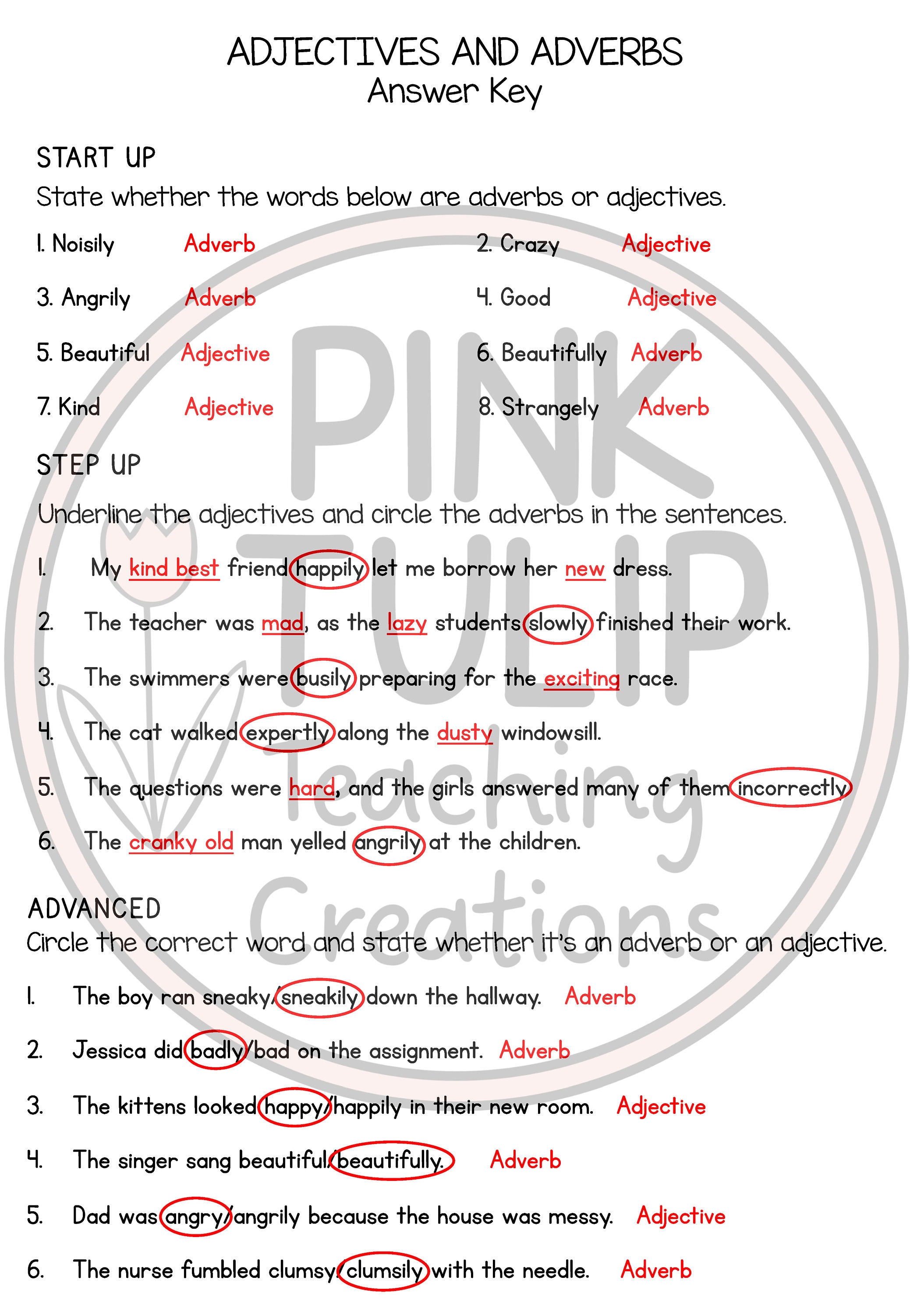 Verbs, Adjectives, Adverbs and Tense Grammar Worksheets With Answers - Etsy