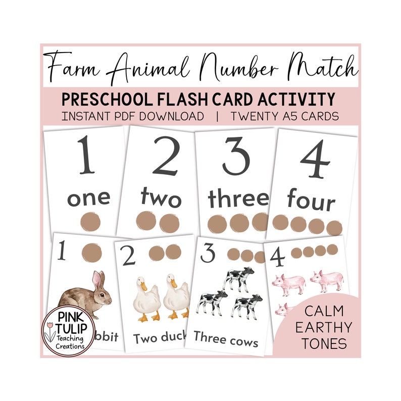 Number Matching Flash Cards Farm Animal Theme - Etsy