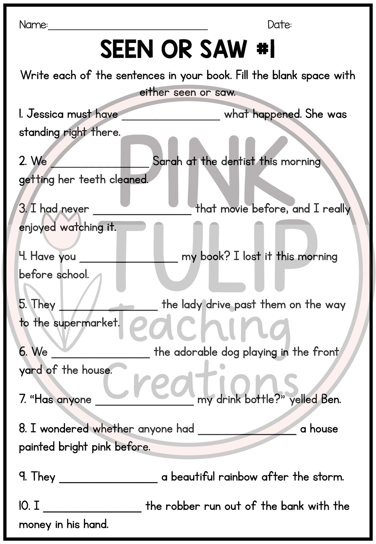 Seen or Saw Grammar Worksheets - Etsy