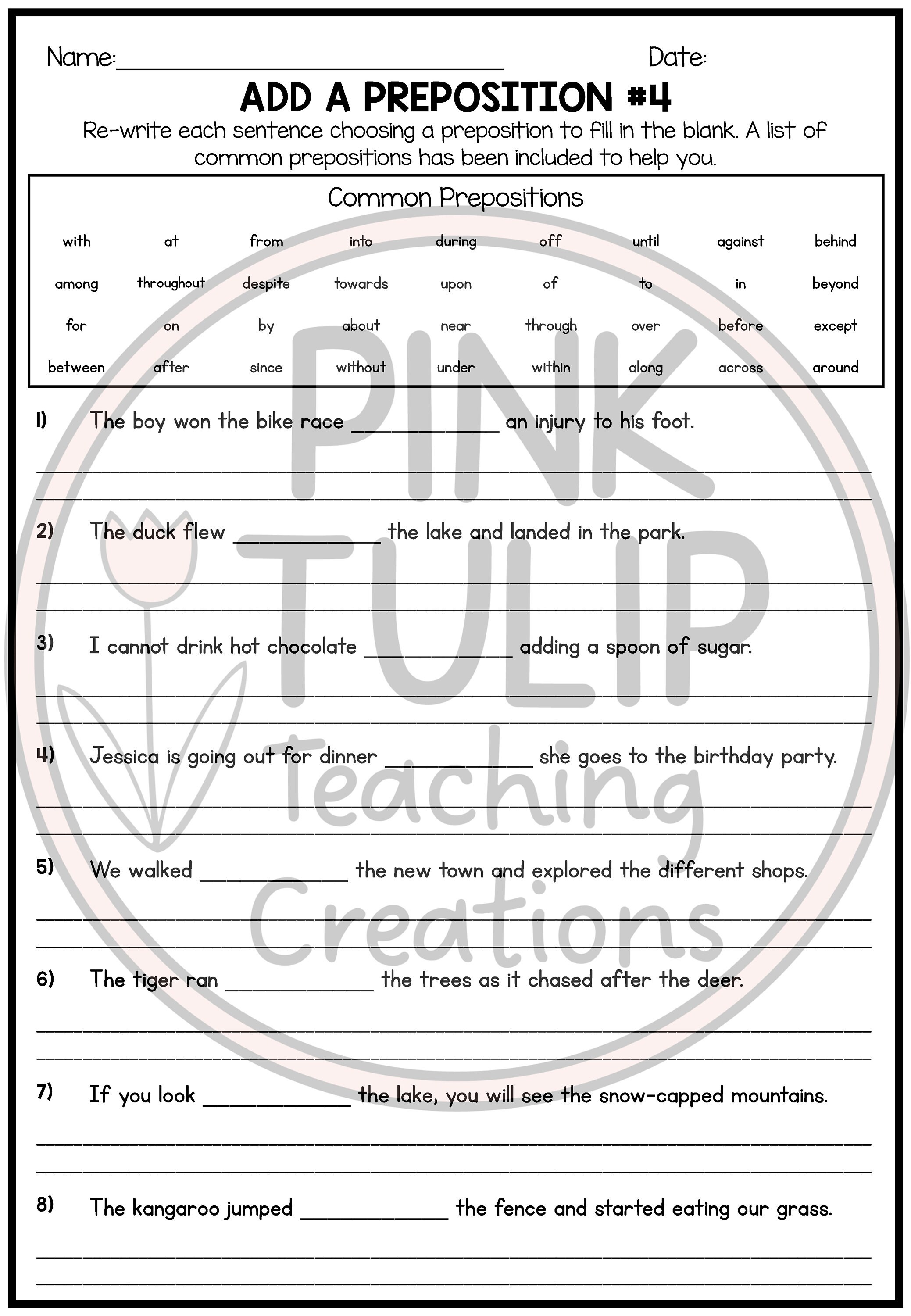 Add A Preposition to the Sentences - Fill in the Blanks Worksheet Pack ...
