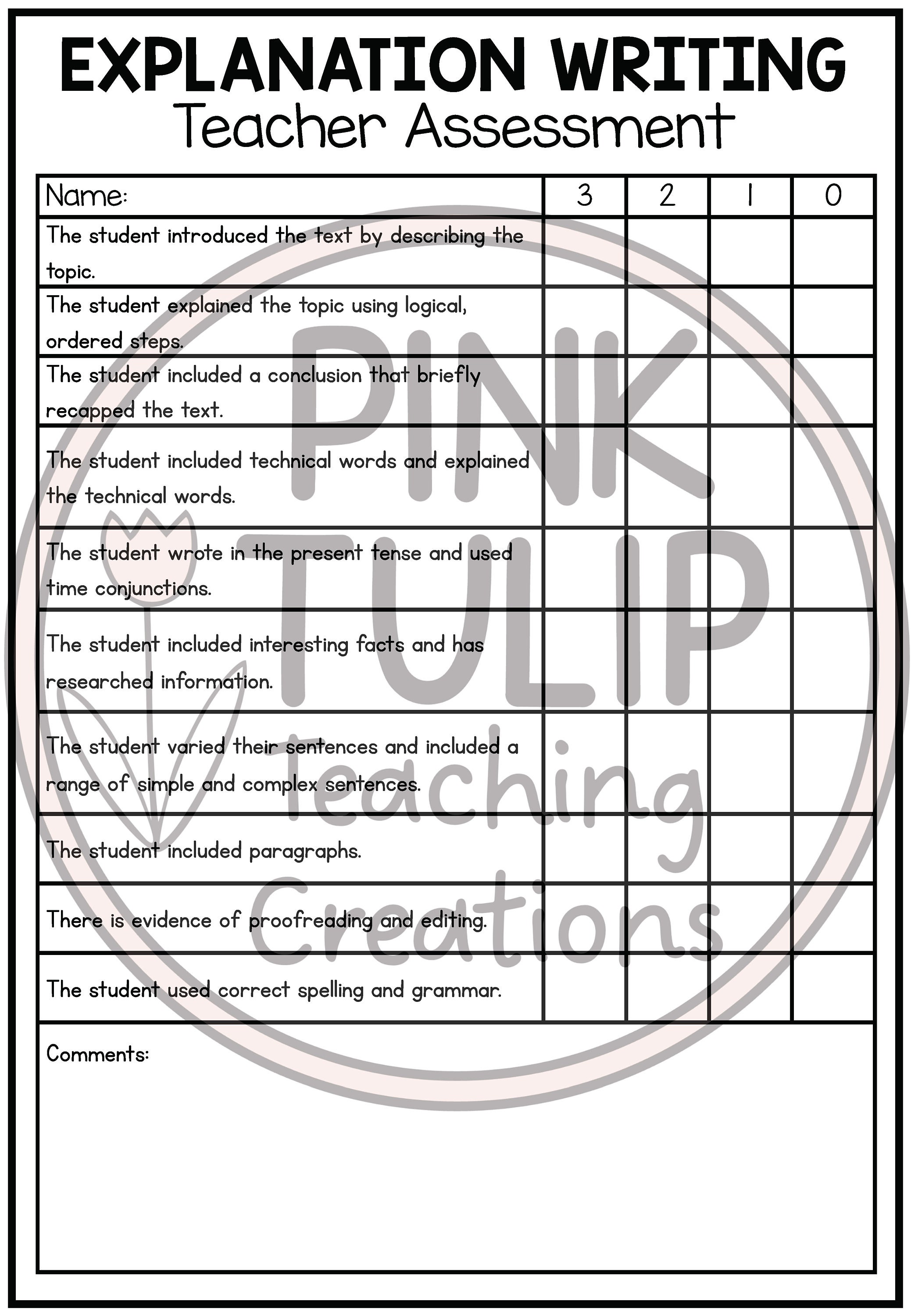 Explanation Writing - Marking Assessment Rubrics - Etsy
