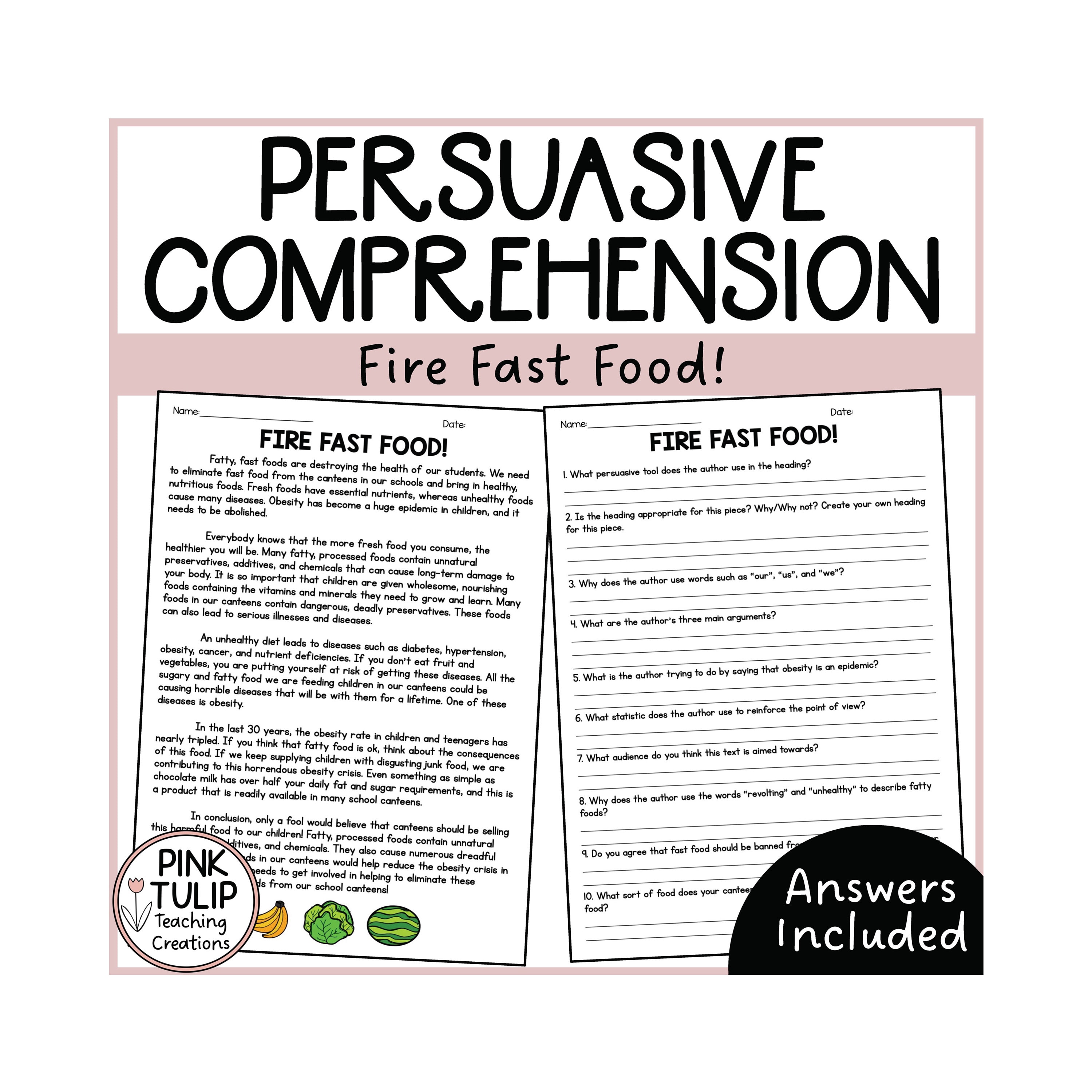 Persuasive Writing Comprehension - Fire Fast Food - Etsy