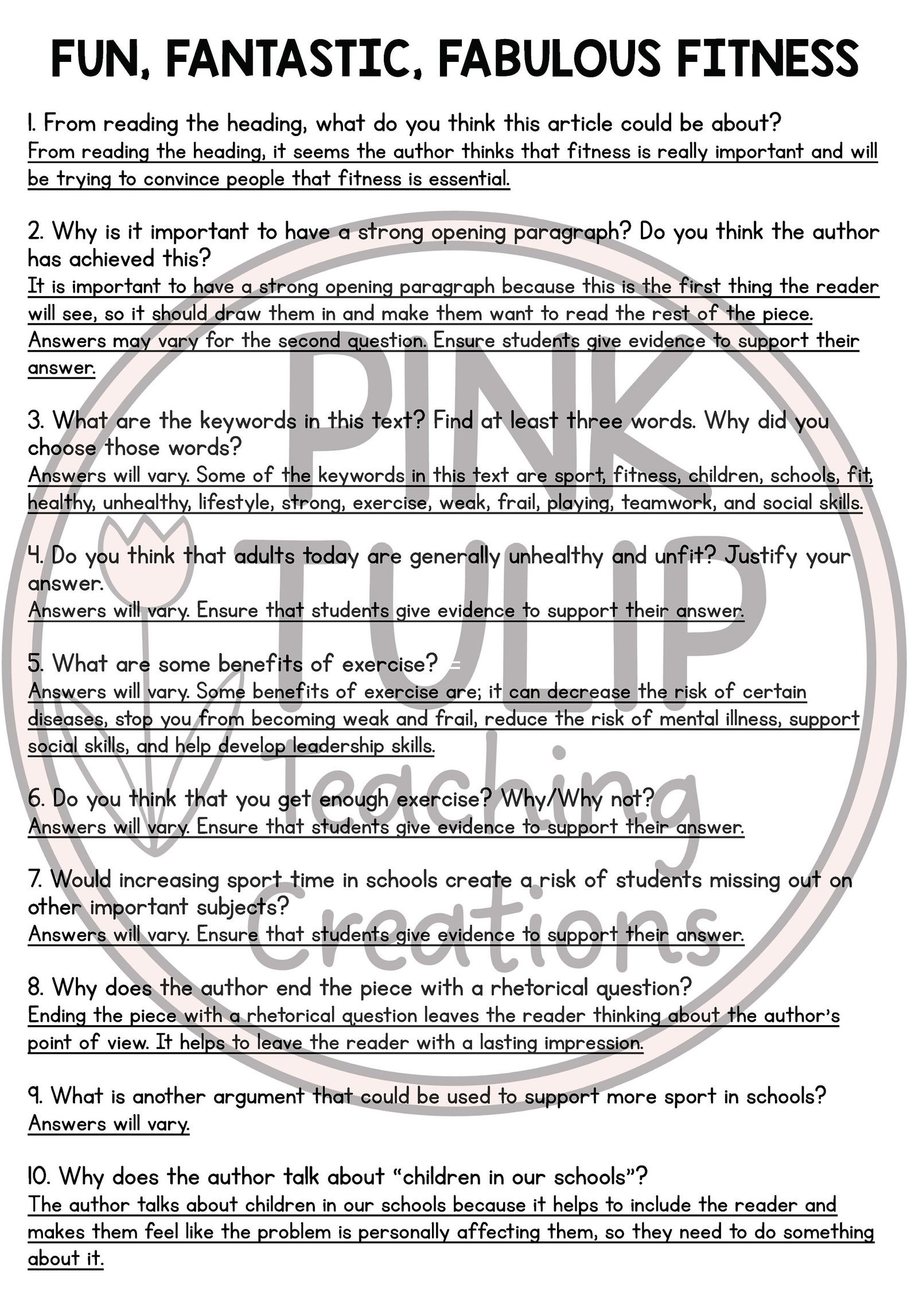 Persuasive Writing Comprehension - Fun, Fantastic, Fabulous Fitness - Etsy