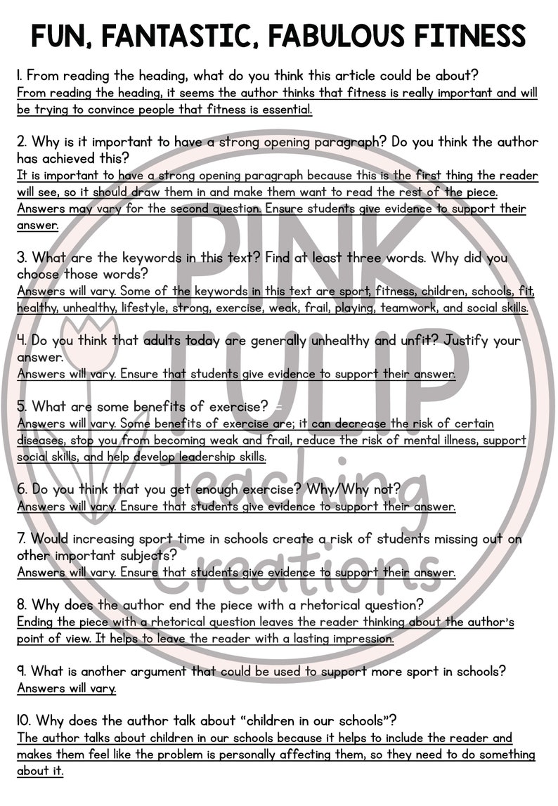 Persuasive Writing Comprehension Fun, Fantastic, Fabulous Fitness - Etsy