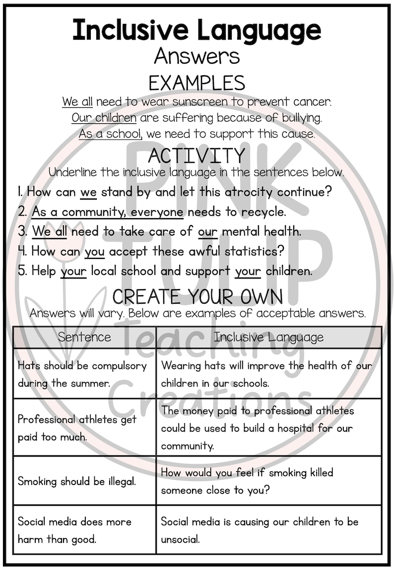 Inclusive Language - Persuasive Writing Worksheets - Etsy