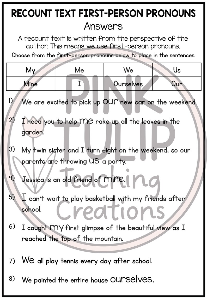 Recount Writing, First-person Pronouns Worksheets - Etsy
