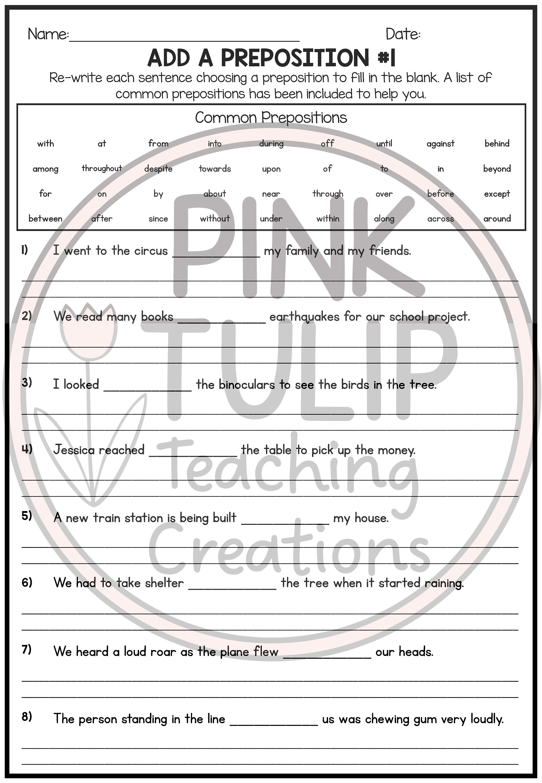 Add A Preposition to the Sentences - Fill in the Blanks Worksheet Pack ...