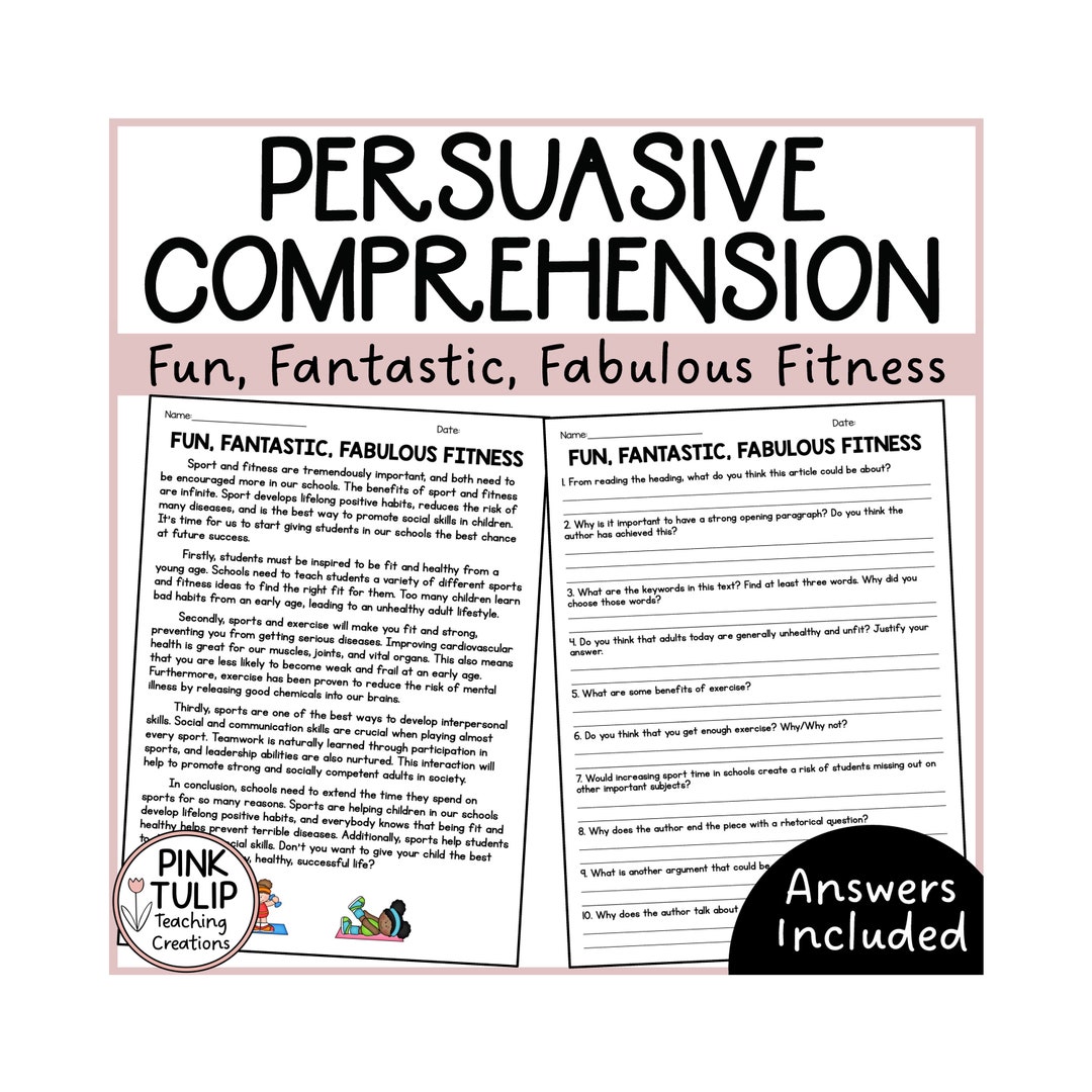 Persuasive Writing Comprehension - Fun, Fantastic, Fabulous Fitness - Etsy