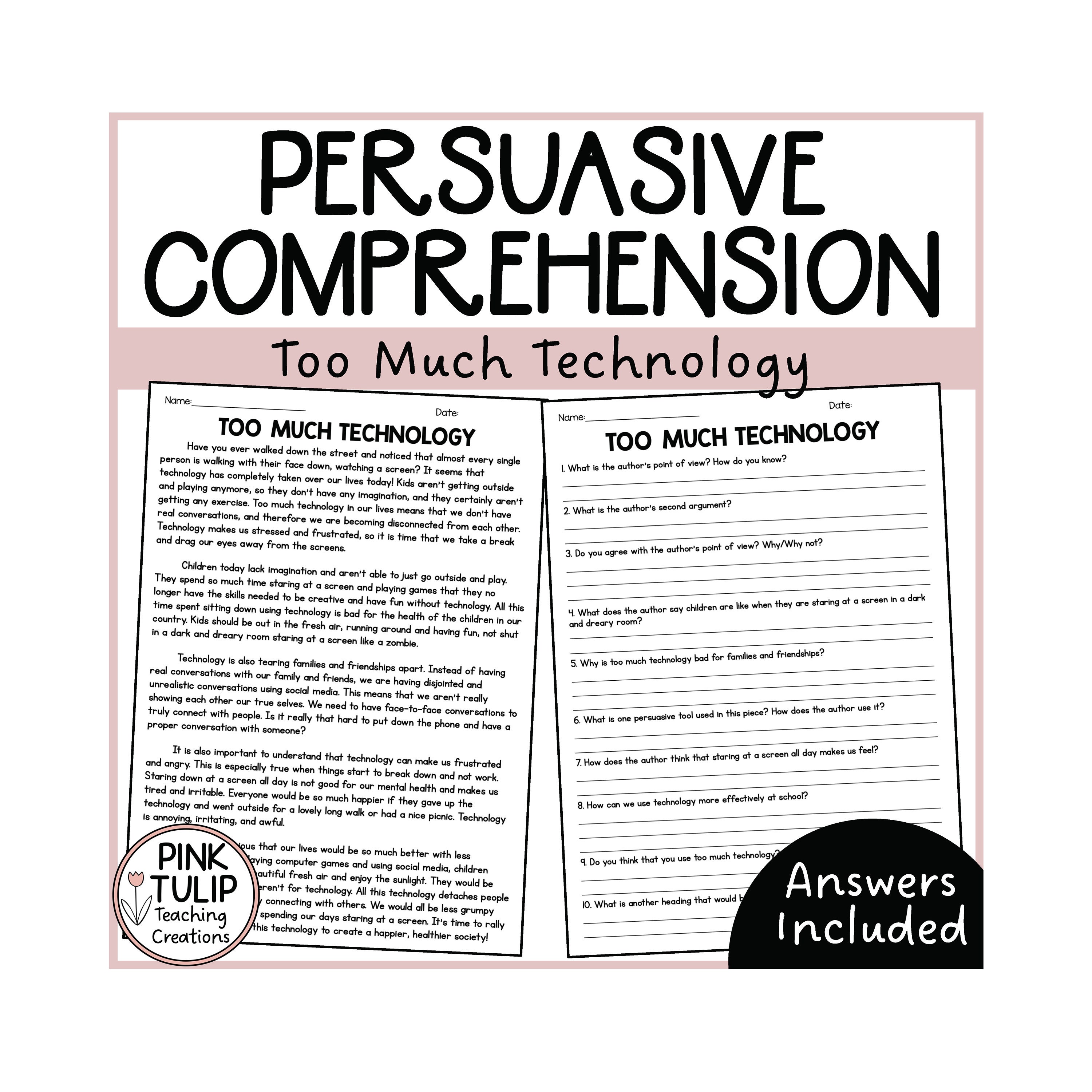 Persuasive Writing Comprehension - Too Much Technology - Etsy