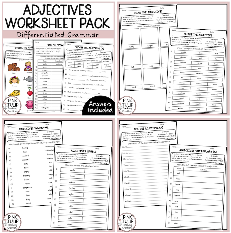Adjectives Bundle - Worksheet Pack and Guided Teaching Powerpoint - Etsy