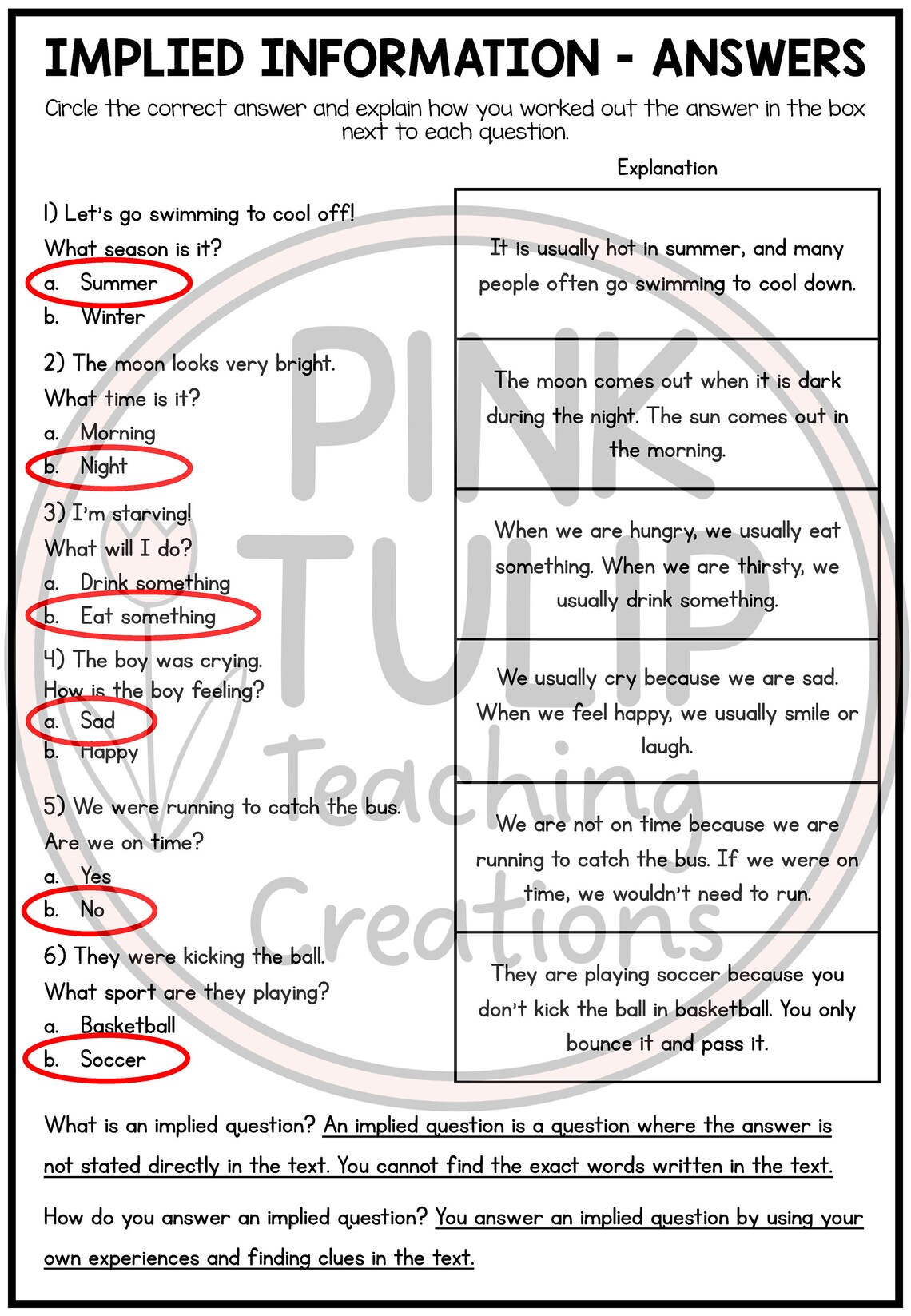 Implied Vs Literal Questions - Worksheets With Answers - Etsy