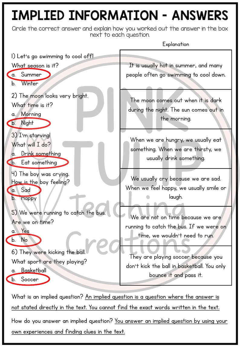 Implied Vs Literal Questions - Worksheets With Answers - Etsy