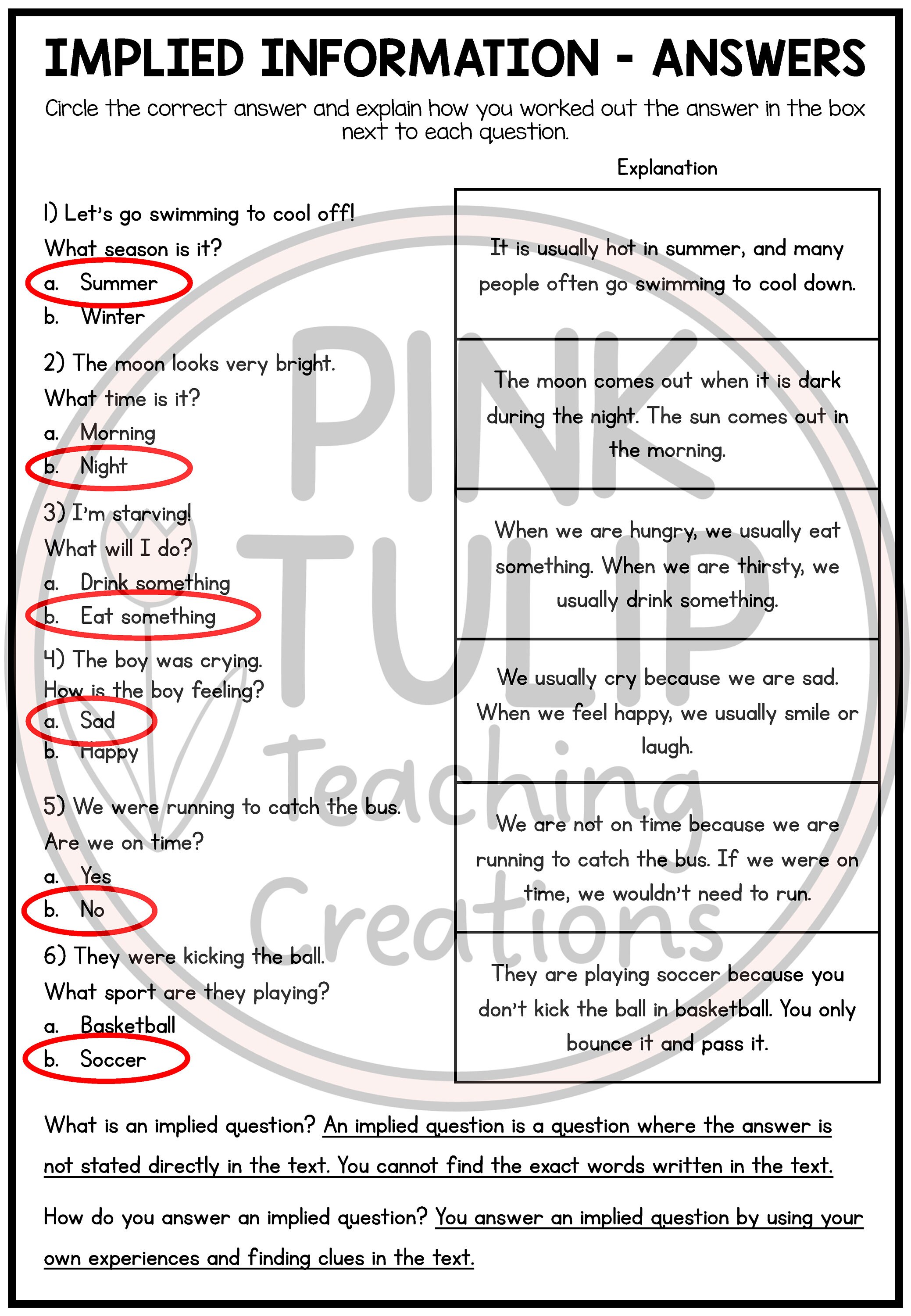 Implied Vs Literal Questions - Worksheets With Answers - Etsy