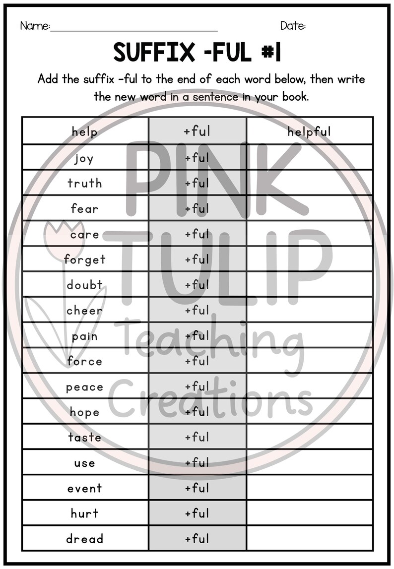 Suffix -ful Grammar Worksheets - Etsy