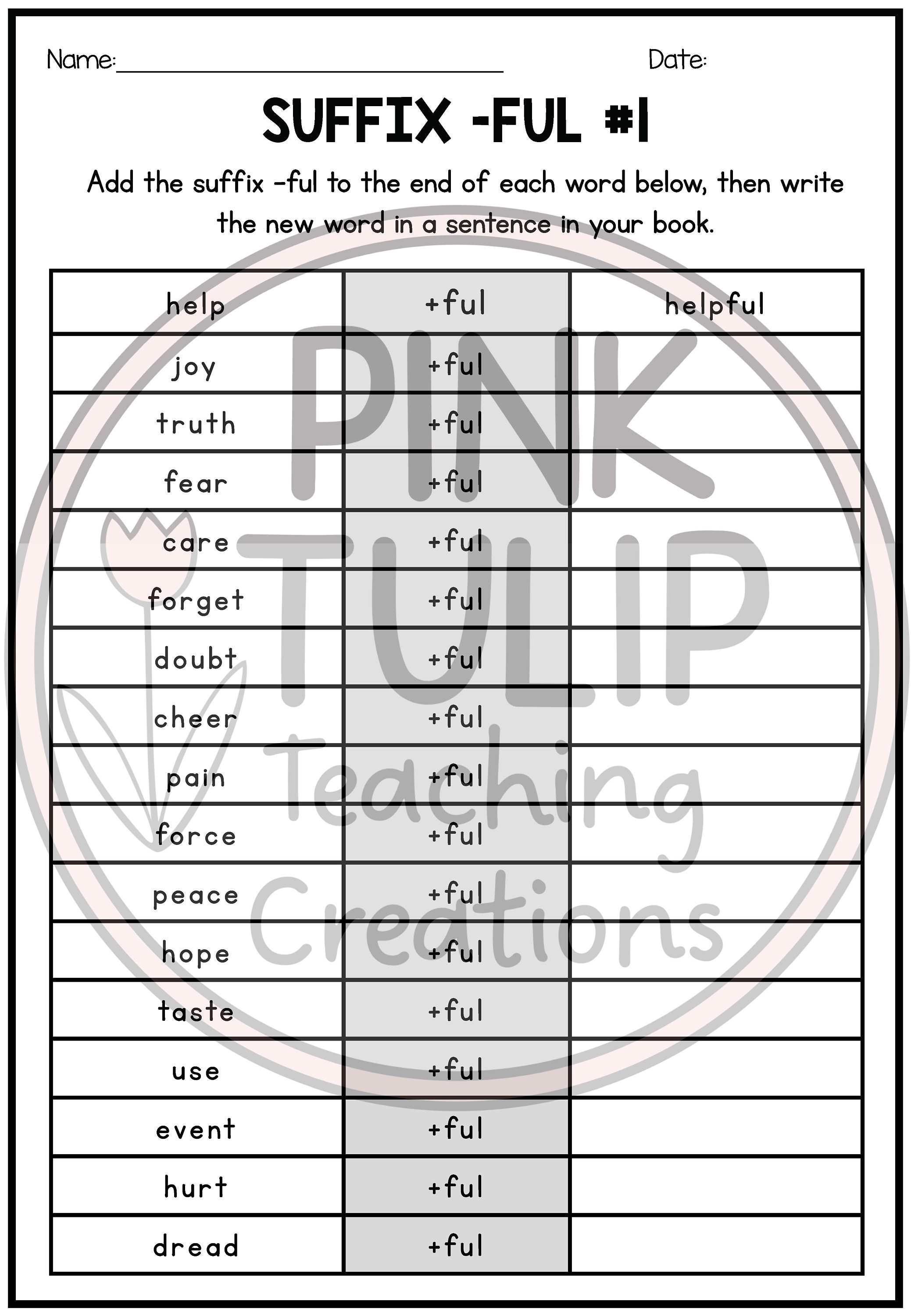 Suffix -ful Grammar Worksheets - Etsy