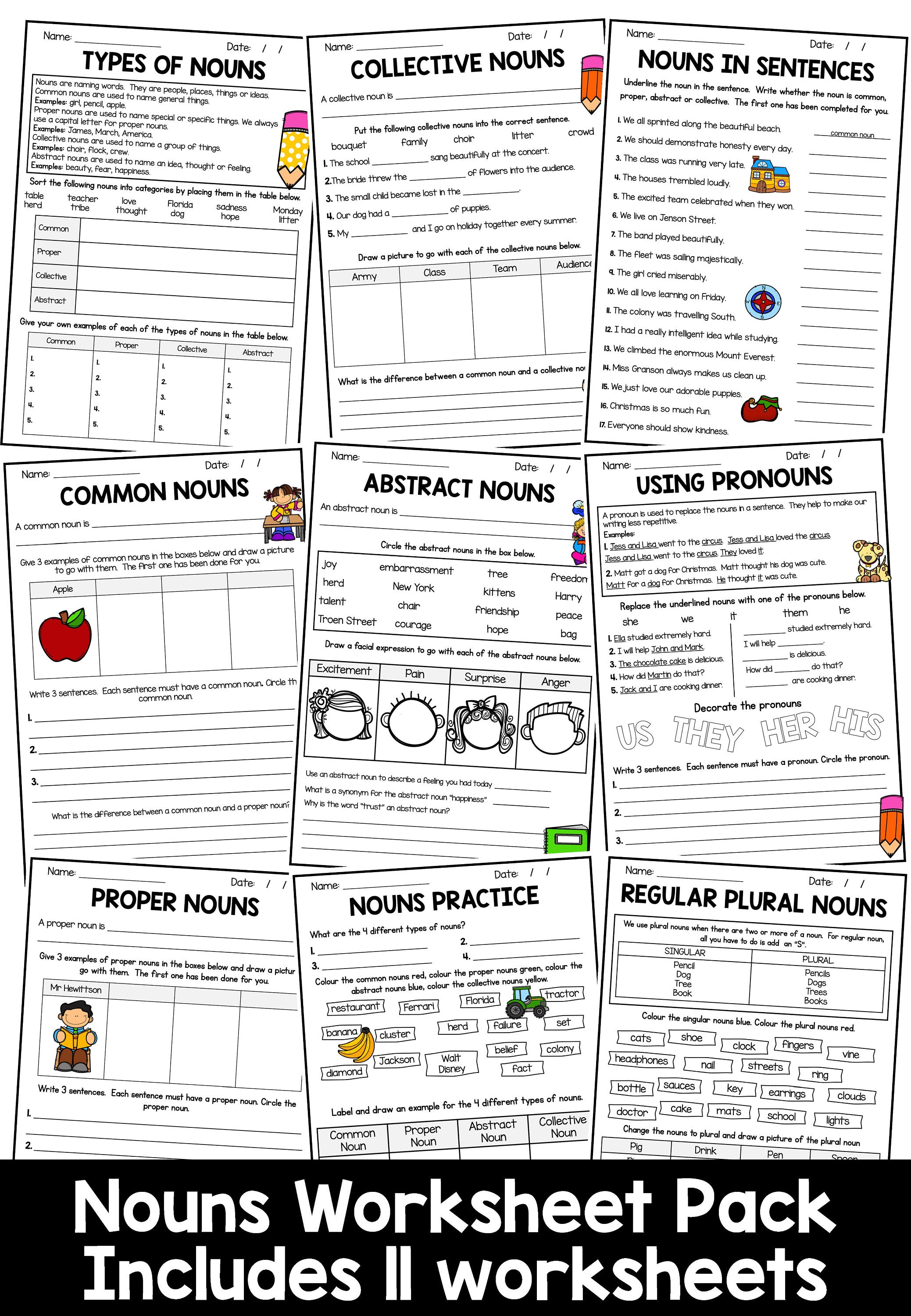 Types of Nouns Bundle - Worksheet Pack and Guided Teaching Powerpoint ...