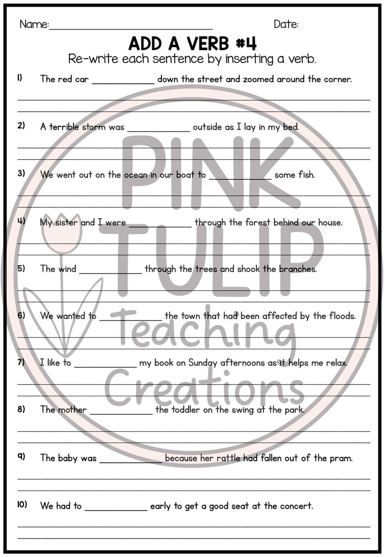Add A Verb to the Sentences - Fill in the Blanks Worksheet Pack - Etsy