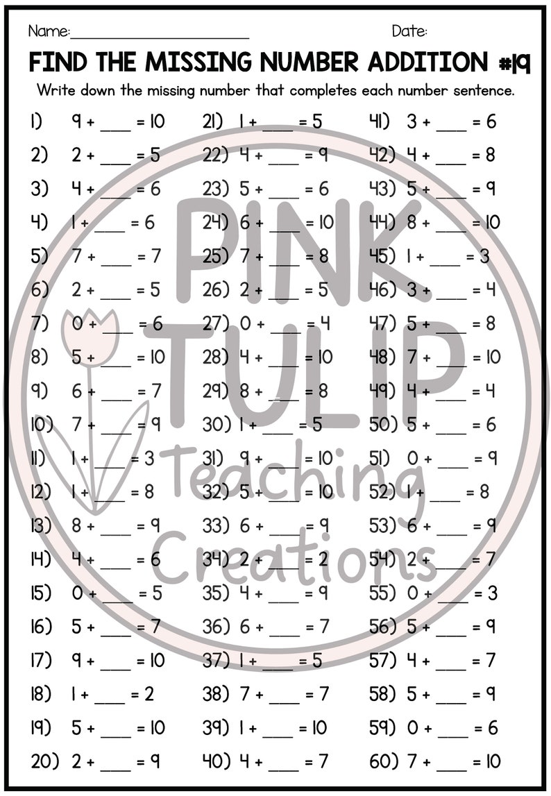 Missing Number up to 10 Addition Worksheets - Mental Math or Early ...
