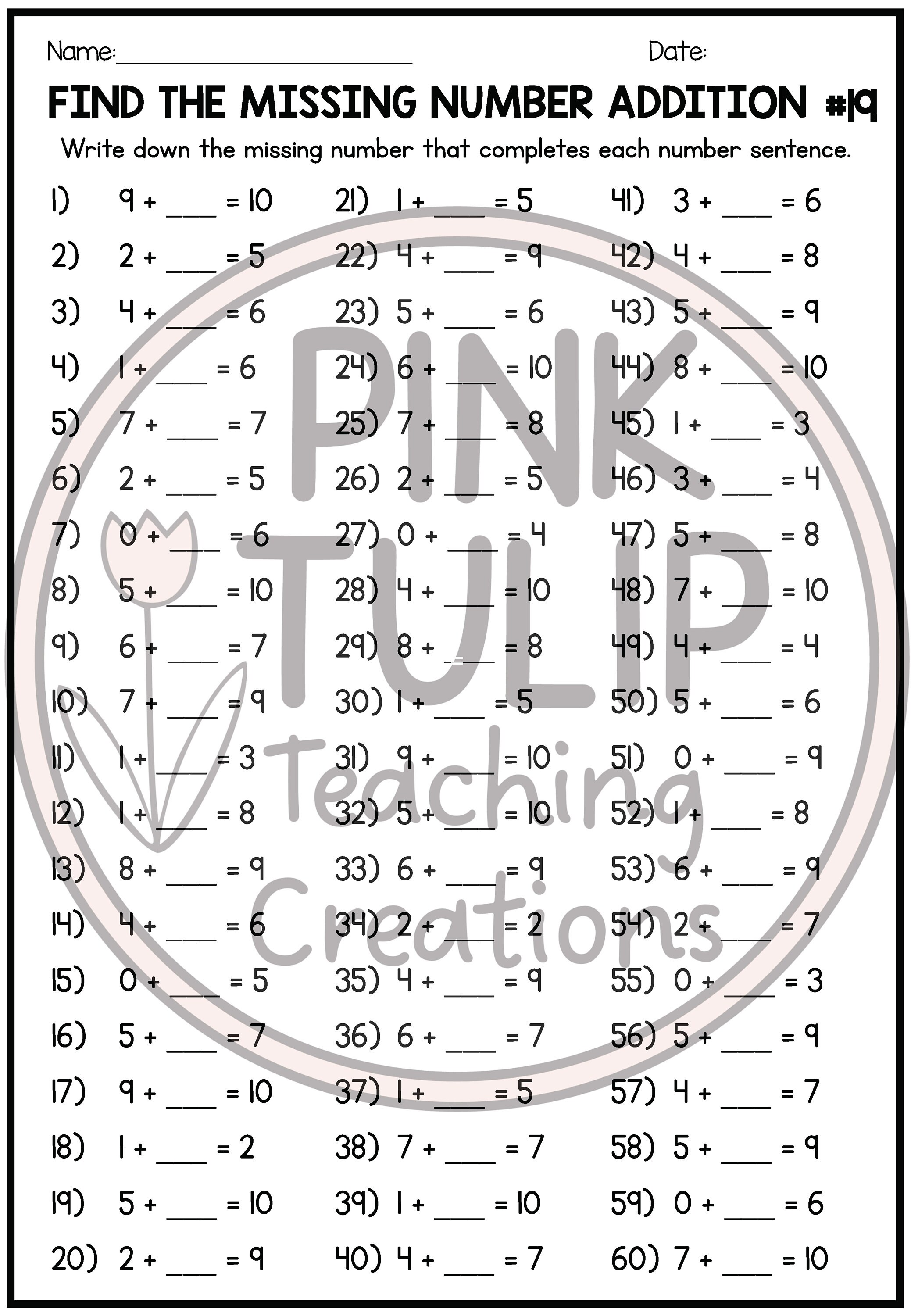 Missing Number up to 10 Addition Worksheets - Mental Math or Early ...