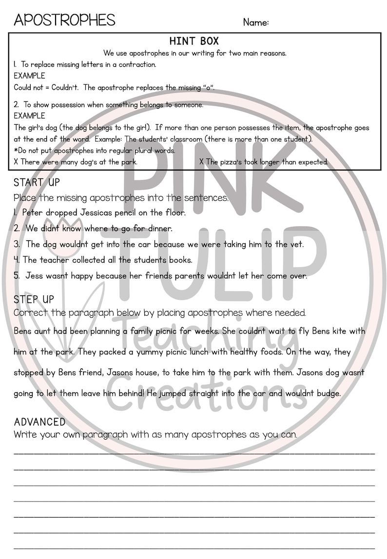 Apostrophes and Speech Marks - Grammar Worksheets With Answers - Etsy