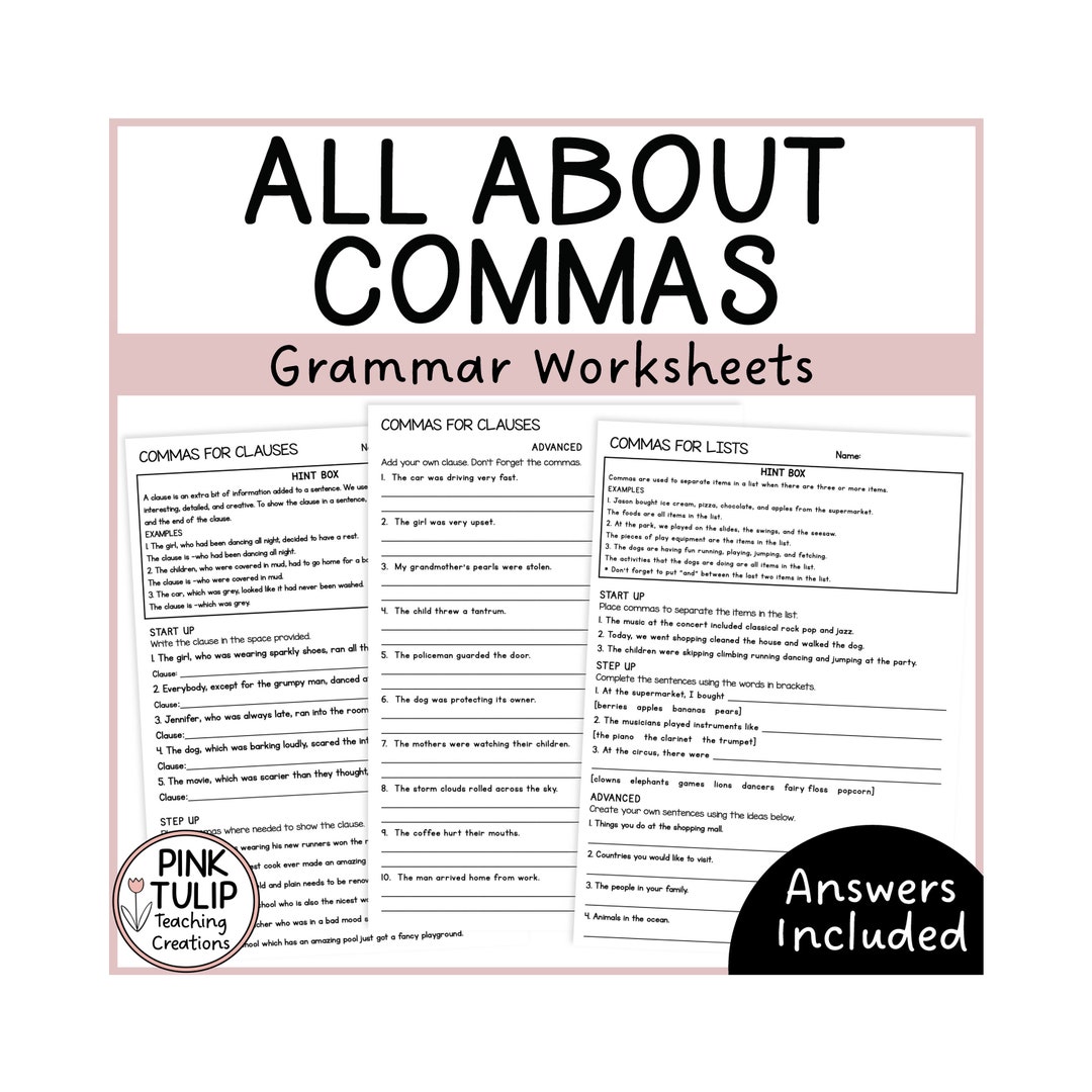 Commas for Clauses, Commas for Lists - Grammar Worksheets With Answers ...