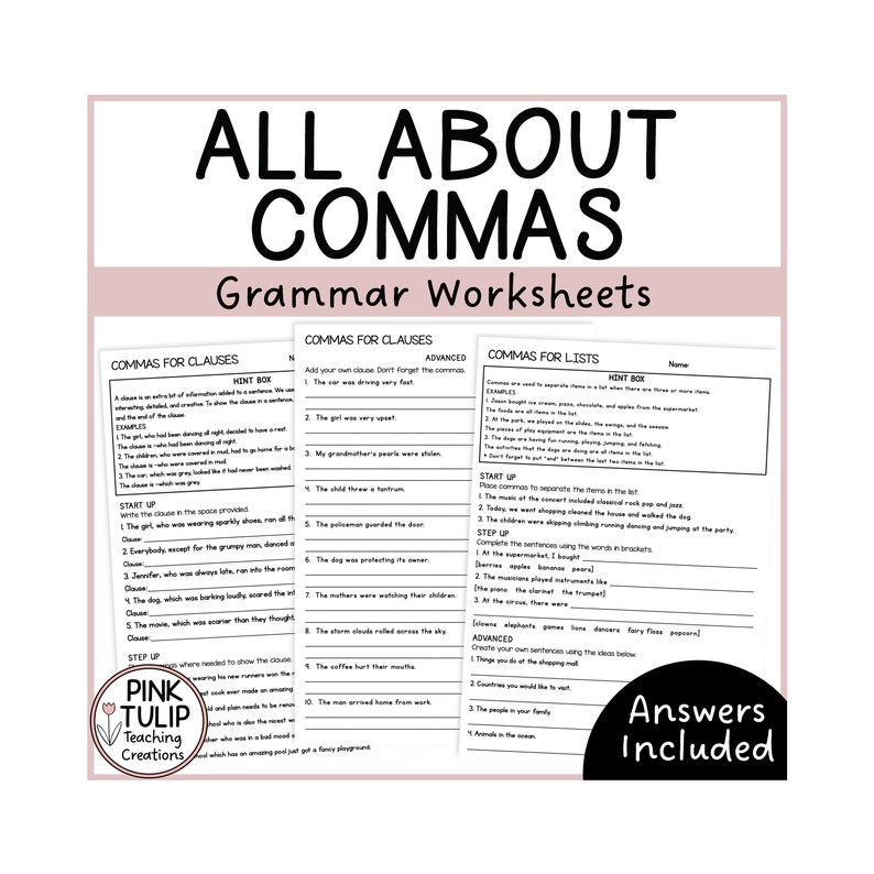 Commas for Clauses, Commas for Lists - Grammar Worksheets With Answers ...