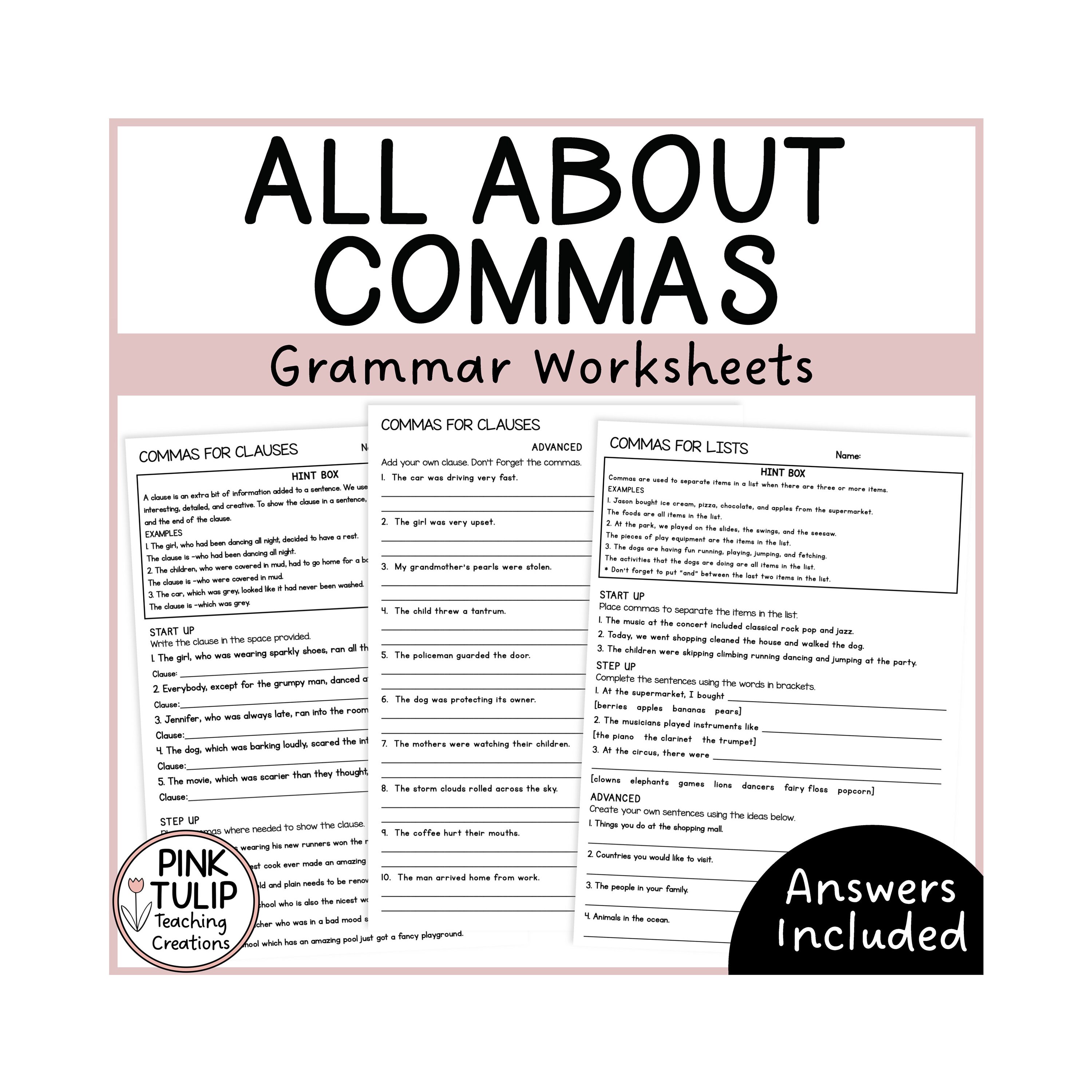 Commas for Clauses, Commas for Lists - Grammar Worksheets With Answers ...