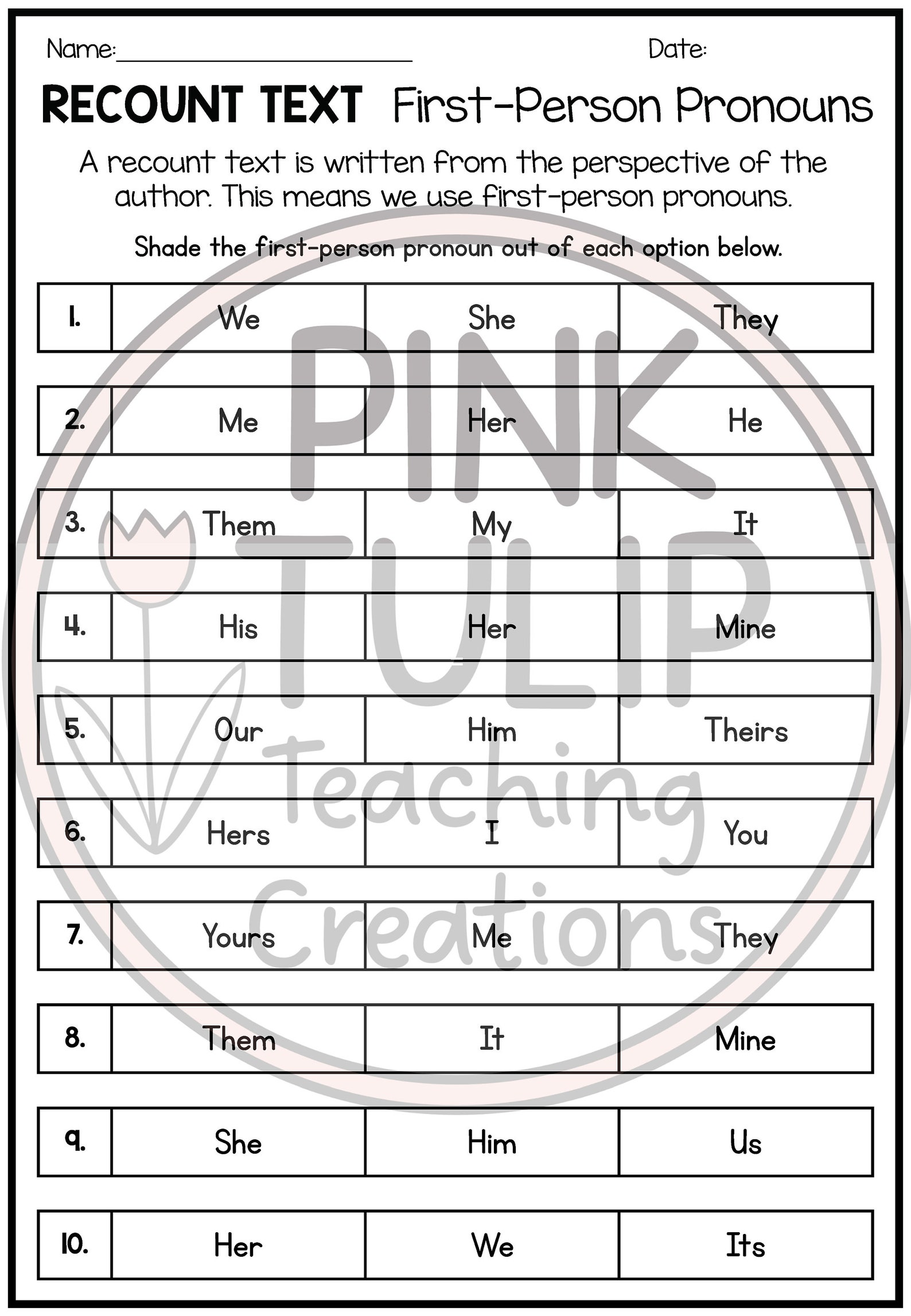 Recount Writing, First-person Pronouns Worksheets - Etsy