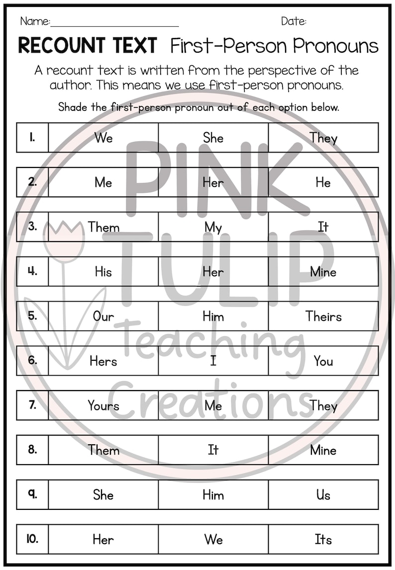 Recount Writing, First-person Pronouns Worksheets - Etsy